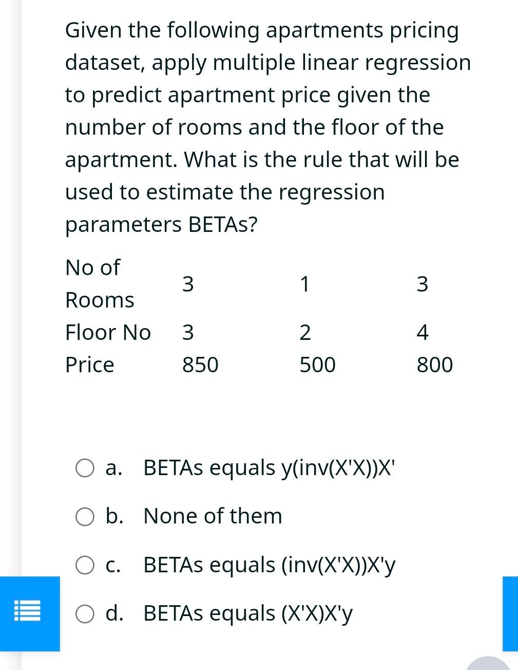 Solved Given the following apartments pricing dataset, apply | Chegg.com