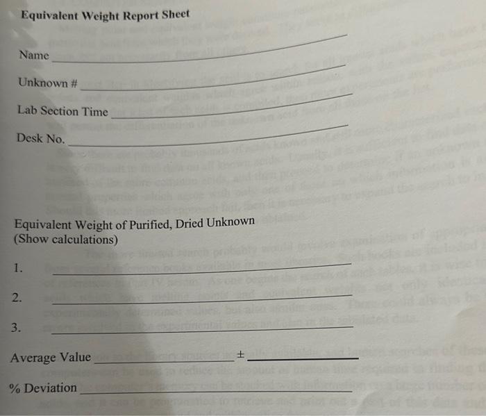 Solved Equivalent Weight Report Sheet Name Unknown \# Lab | Chegg.com