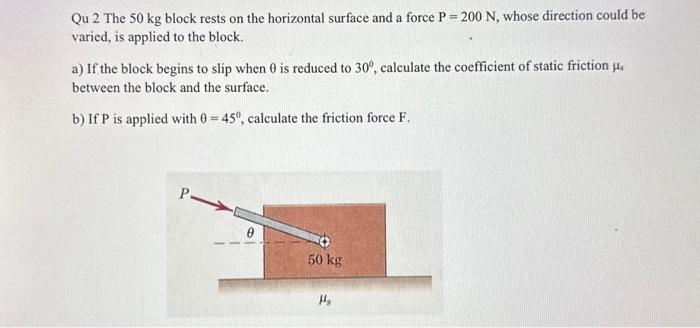 Solved Qu 2 The 50 kg block rests on the horizontal surface | Chegg.com