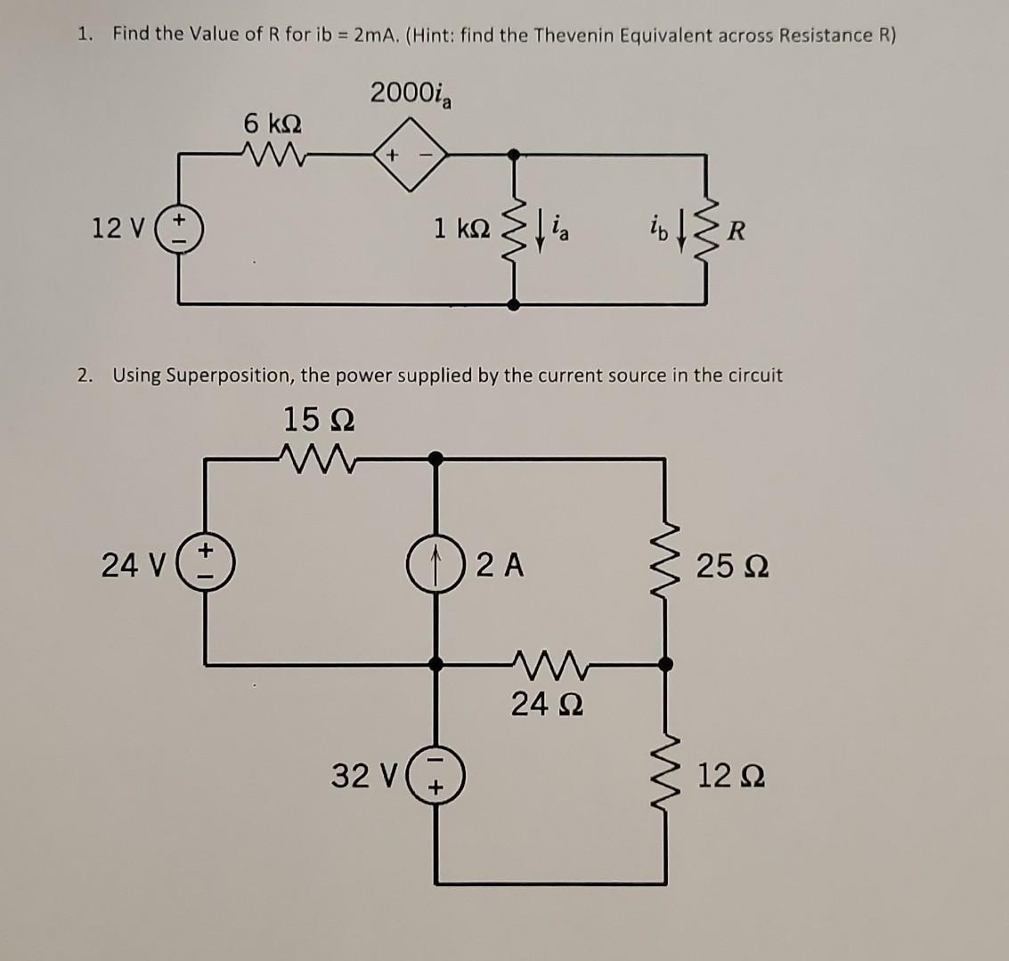 Solved 1. find the value of R for ib= 2ma (find thevenin | Chegg.com