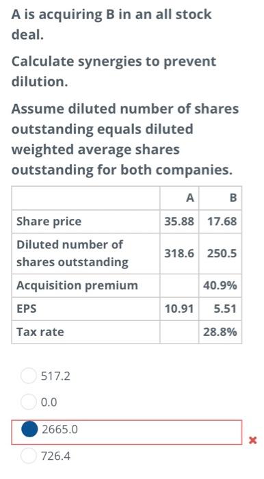 Solved A is acquiring B in an all stock deal. Calculate | Chegg.com