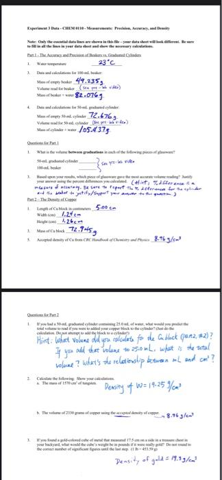 EXPERIMENT 3 Measurements --Precision, Accuracy, and | Chegg.com