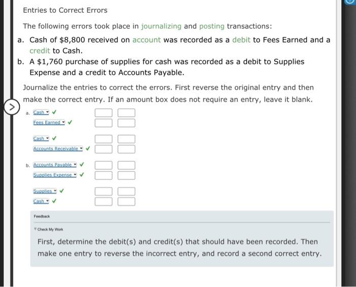 Solved Entries to Correct Errors The following errors took | Chegg.com