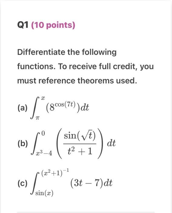 Solved Q1 (10 points) Differentiate the following functions. | Chegg.com