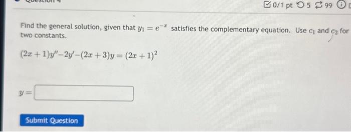 Solved Find the general solution, given that y1=e−x | Chegg.com
