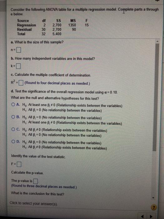 Solved Consider the following ANOVA table for a multiple | Chegg.com