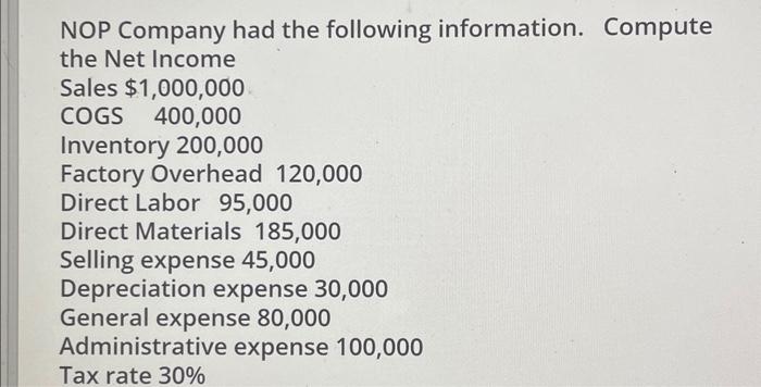 Solved NOP Company had the following information. Compute | Chegg.com
