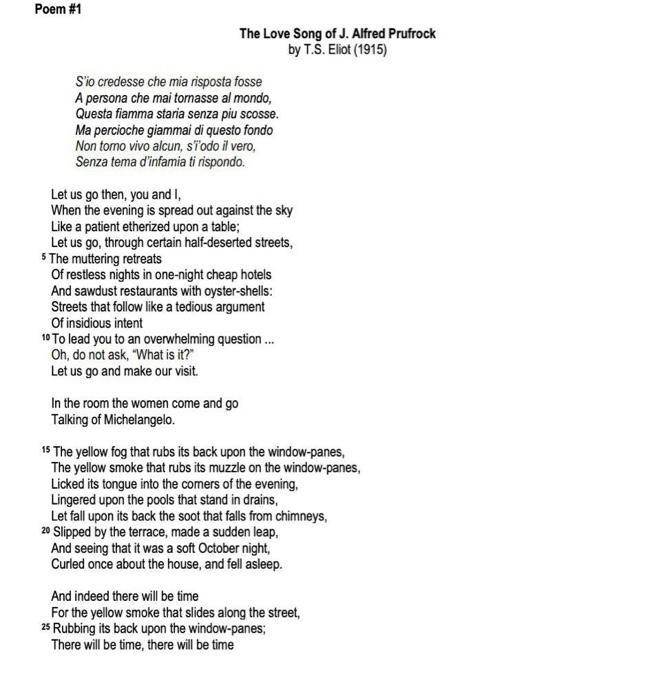 Poem \#1 The Love Song of J. Alfred Prufrock by T.S. | Chegg.com