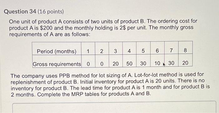 Solved Question 34 (16 points) One unit of product A | Chegg.com