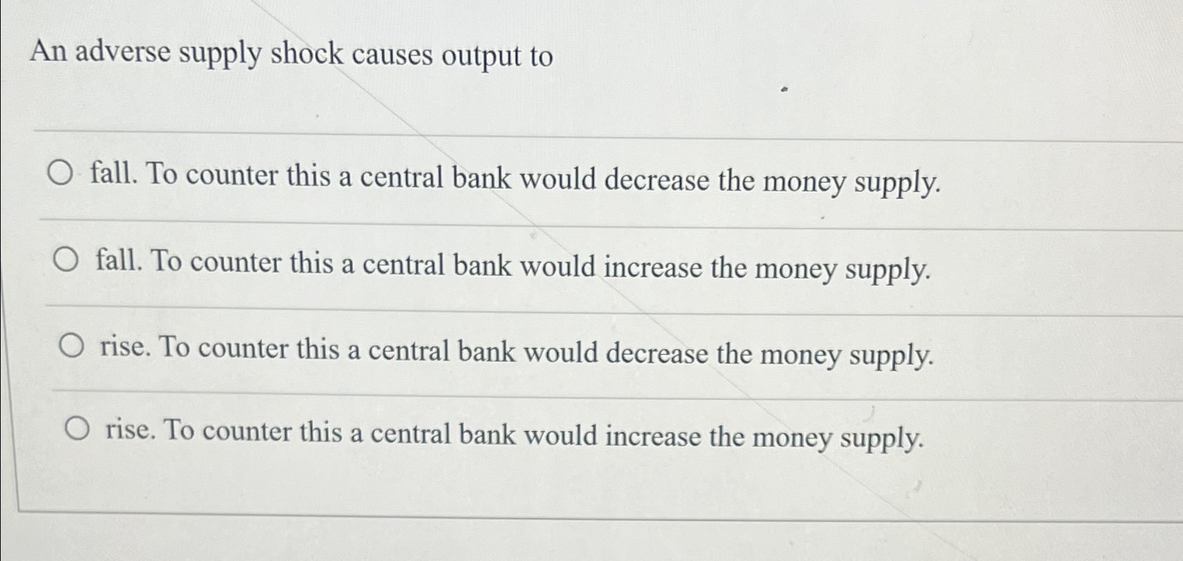 Solved An adverse supply shock causes output tofall. To | Chegg.com