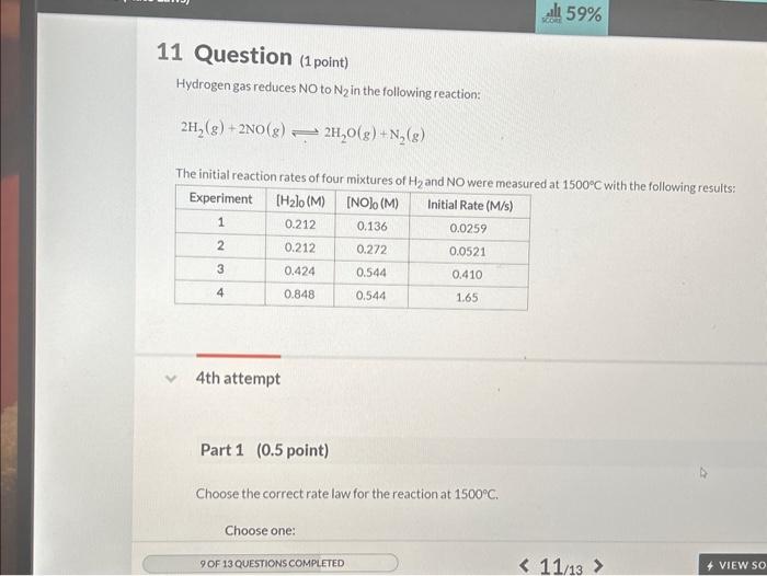 Solved 11 Question (1 point) Hydrogen gas reduces NO2 N N2 | Chegg.com