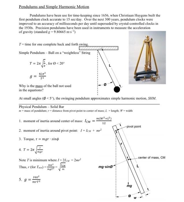 Solved Pendulums and Simple Harmonic Motion Pendulums have | Chegg.com