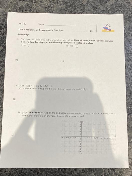 Solved MHF4U Name Unit 4 Assignment: Trigonometric Functions | Chegg.com
