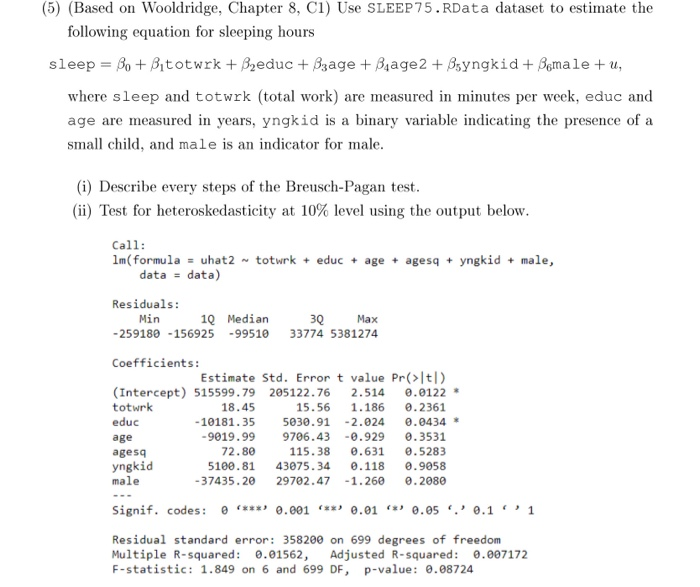 (5) (Based on Wooldridge, Chapter 8, C1) Use SLEEP | Chegg.com