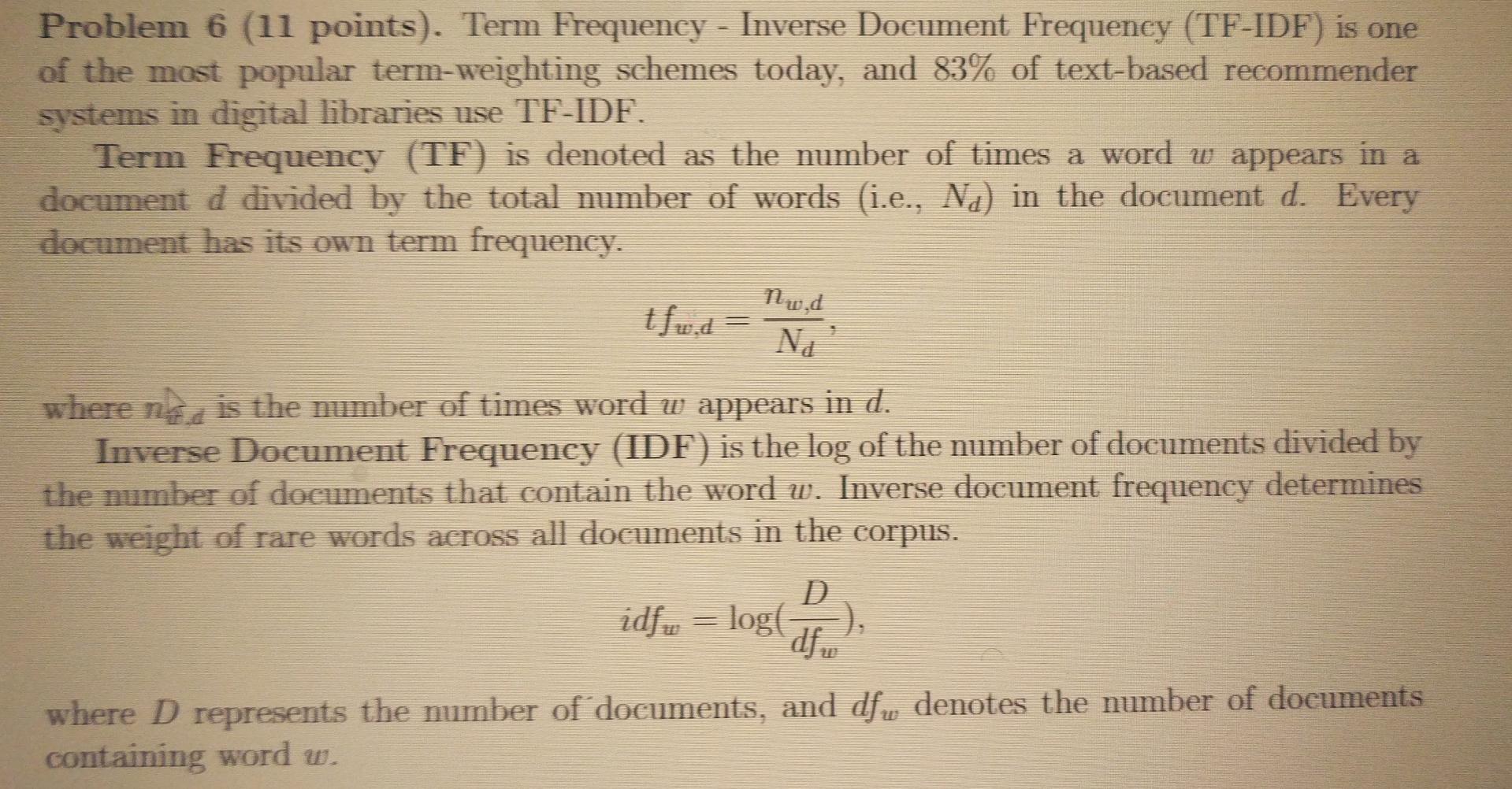Solved Problem 6 (11 points). Term Frequency - Inverse | Chegg.com
