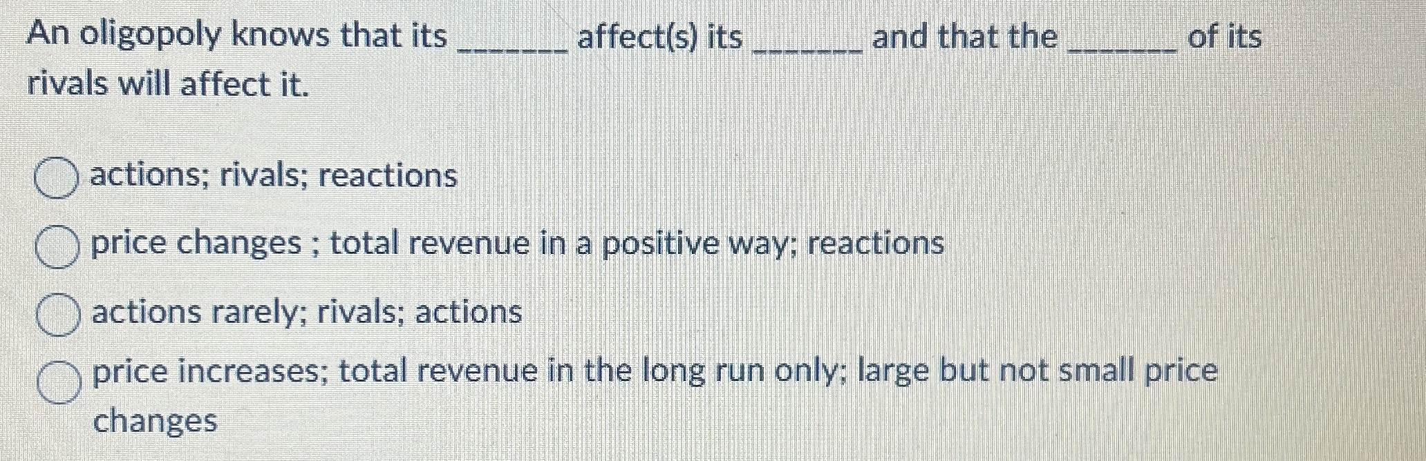 Solved An oligopoly knows that its q, ﻿affect(s) ﻿its ﻿and | Chegg.com