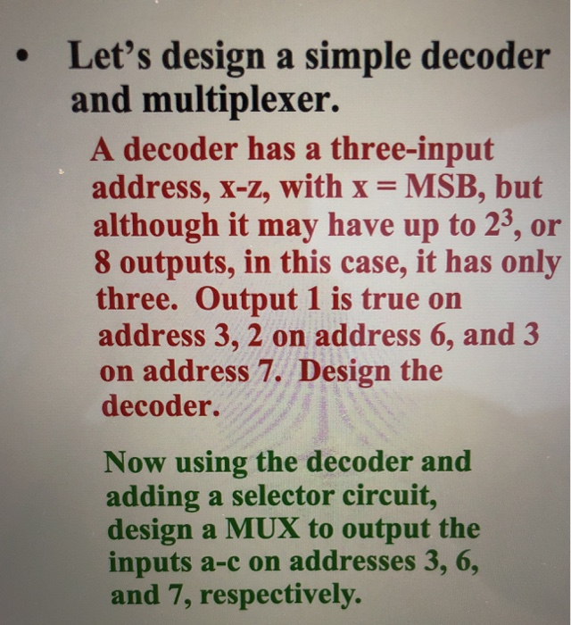 Solved • Let's design a simple decoder and multiplexer. A | Chegg.com