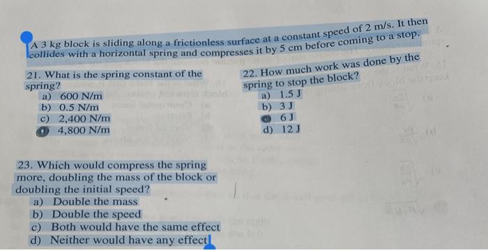 Solved A 3 kg block is sliding along a frictionless surface | Chegg.com