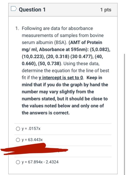 Solved Question 1 1 pts 1. Following are data for absorbance | Chegg.com