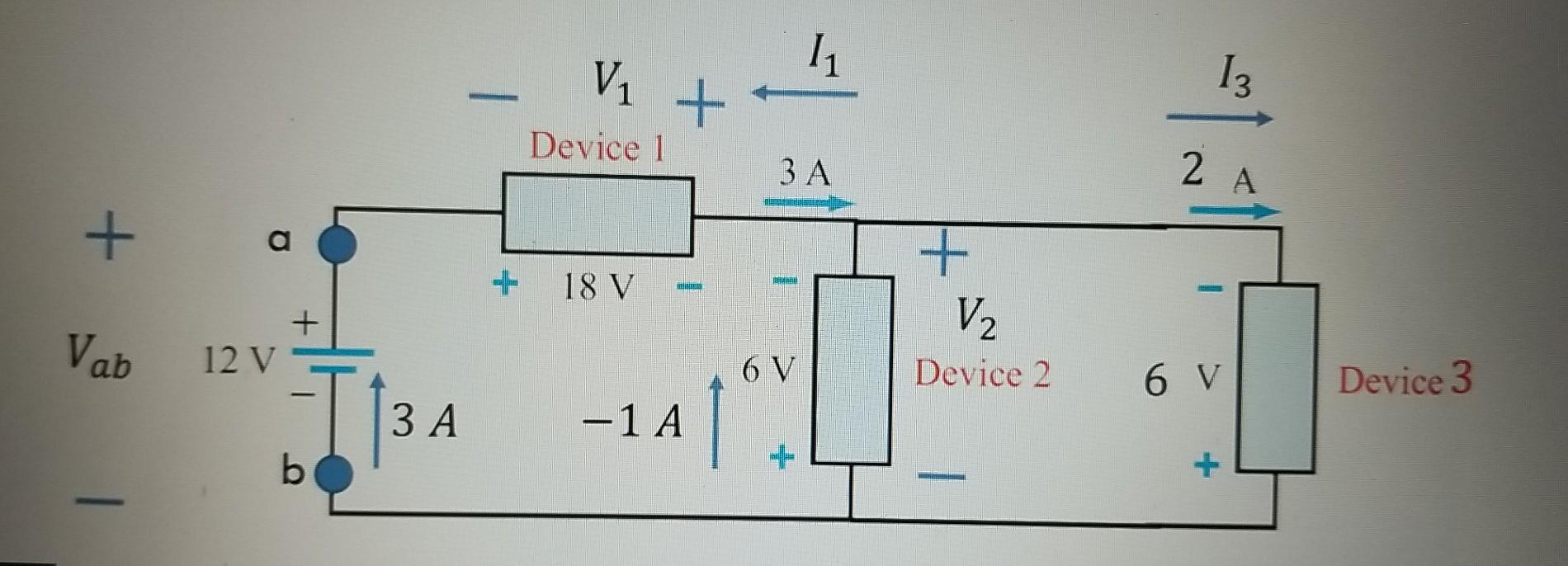 Solved 11 V1 13 + Device 1 sama 3 A 2. A + a + 18 V + Vab V2 | Chegg.com