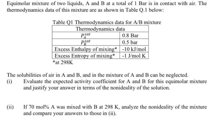 Equimolar mixture of two liquids, A and B at a total | Chegg.com