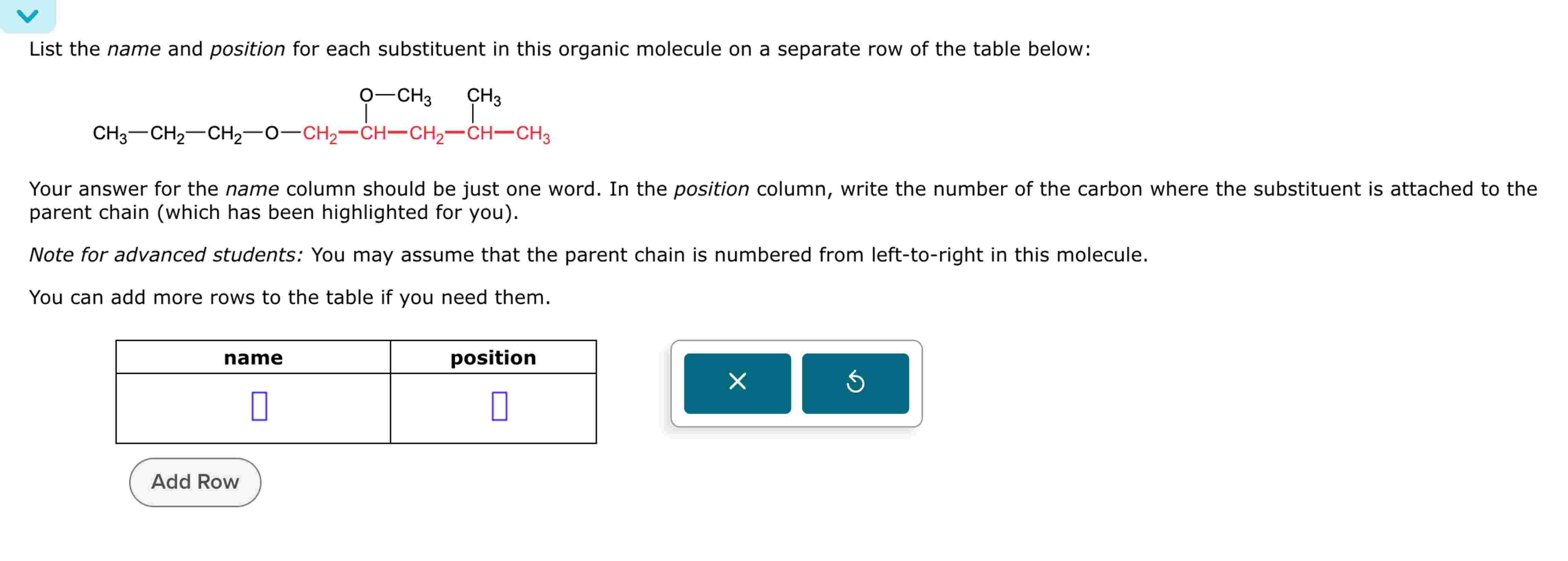 Solved List the name and position for each substituent in | Chegg.com