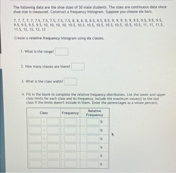 Solved The following data are the shoe sizes of 50 male | Chegg.com