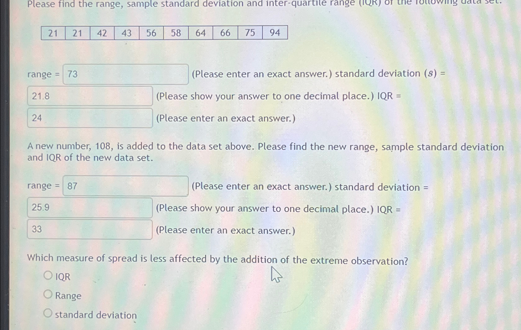 Solved \table[[21,21,42,43,56,58,64,66,75,94]]range =(Please | Chegg.com