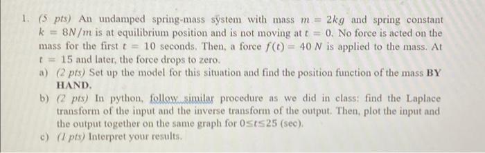 Solved 1. (5 pts) An undamped spring-mass system with mass m | Chegg.com