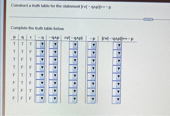 Solved Construct a truth table for the statement [rv(~qAp)]~ | Chegg.com