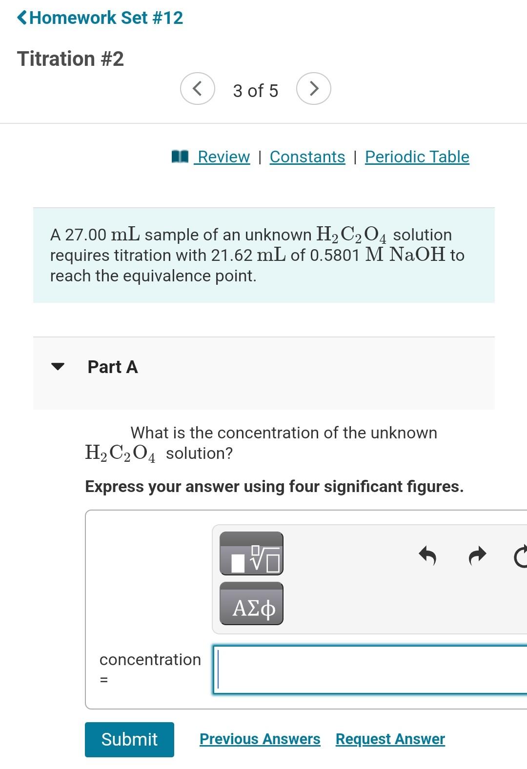 Solved 3 of 5 A 27.00 mL sample of an unknown H2C2O4 | Chegg.com