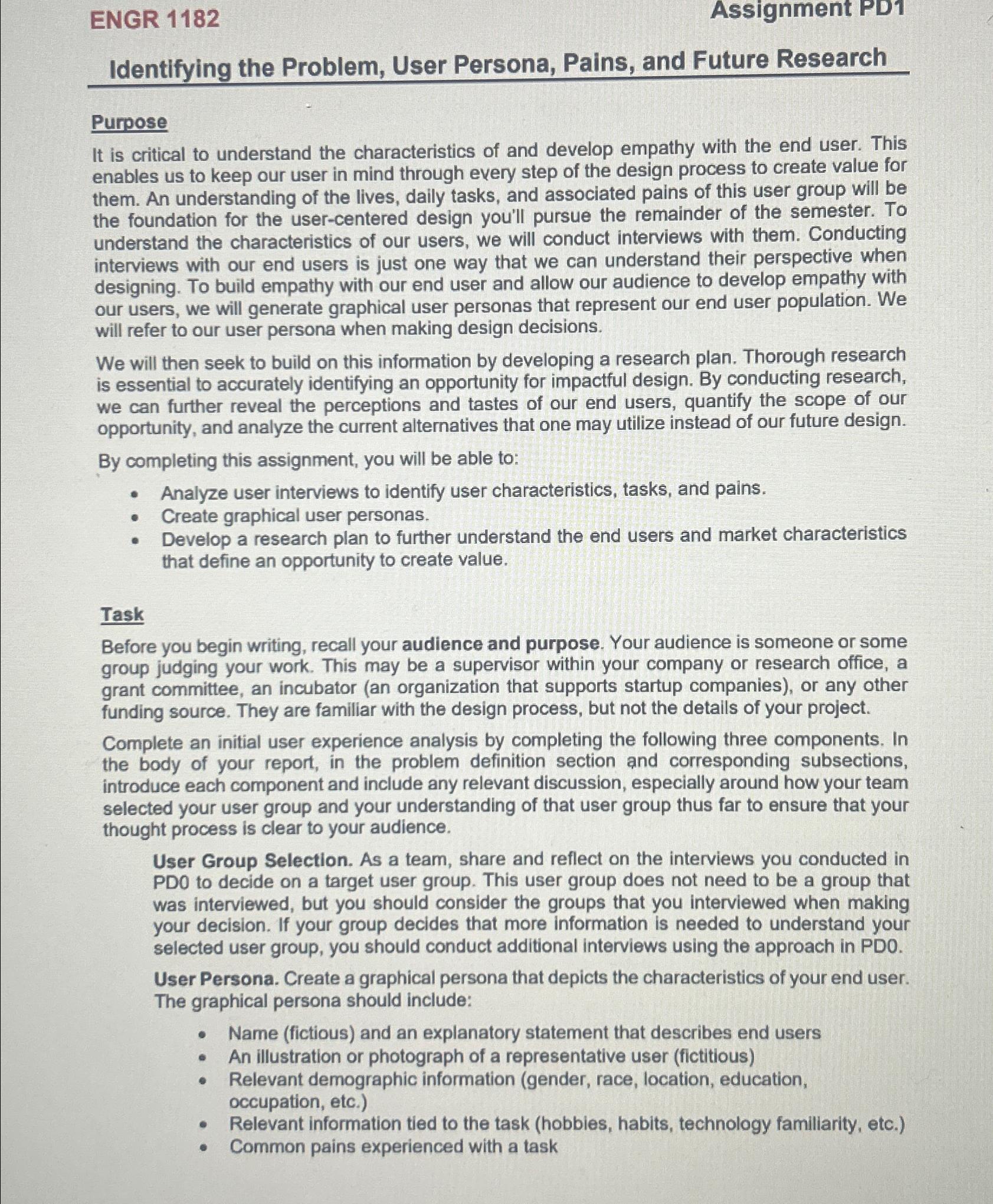 Solved ENGR 1182Assignment PD1Identifying the Problem, User | Chegg.com