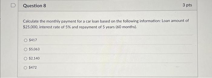 Solved Calculate the monthly payment for a car loan based on | Chegg.com