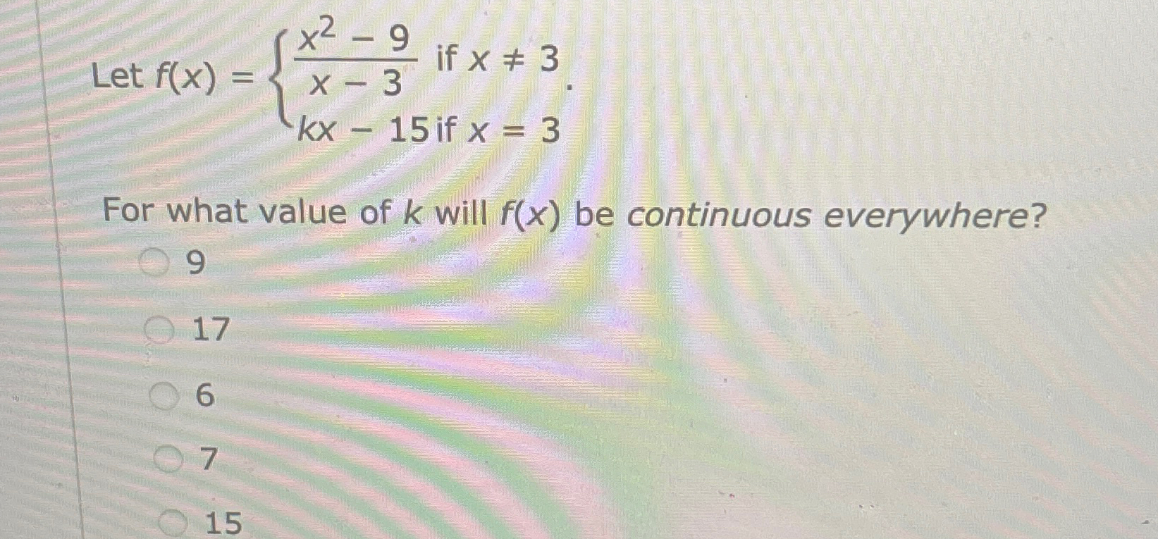 Solved Let f(x)={x2-9x-3 if x≠3kx-15 if x=3For what value of | Chegg.com
