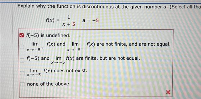 Solved f(x)=x+51a=−5 f(−5) is undefined. limx→−5+f(x) and | Chegg.com