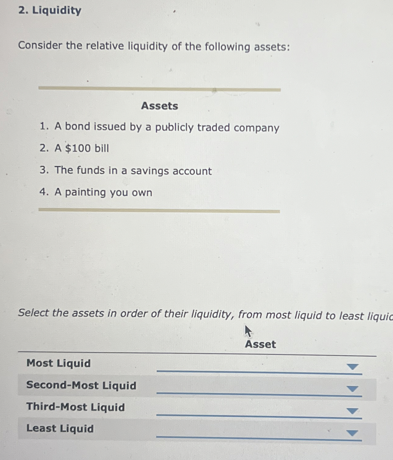 Solved LiquidityConsider the relative liquidity of the | Chegg.com