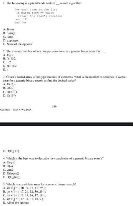 Solved 1. The following is a pseudocode code of _search | Chegg.com