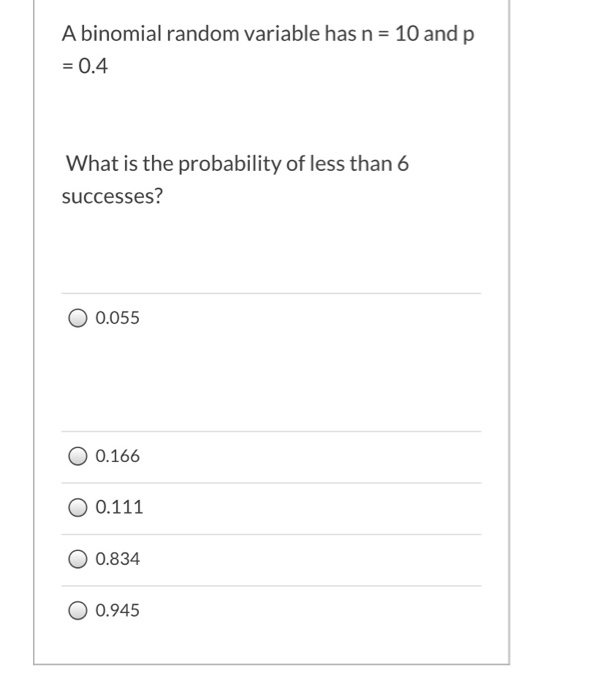 Solved A binomial random variable has n = 10 and p = 0.4 | Chegg.com