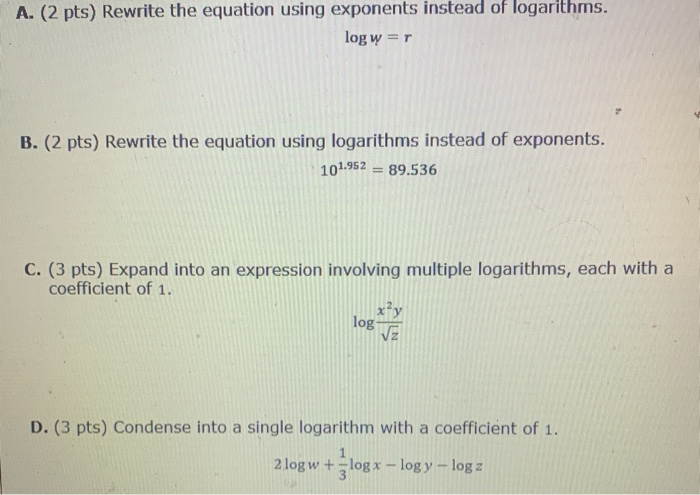 Solved A. (2 pts) Rewrite the equation using exponents | Chegg.com