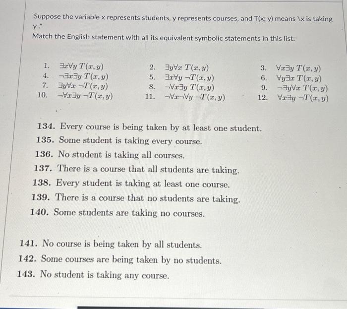 Solved Suppose the variable x represents students, y | Chegg.com