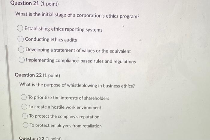What is the initial stage of a corporation's ethics | Chegg.com