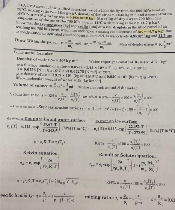 3.) A 1 m3 parcel of air is lifted moist/saturated | Chegg.com