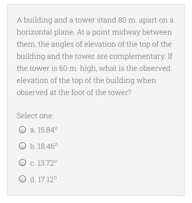 Solved A building and a tower stand 80 m. apart on a | Chegg.com