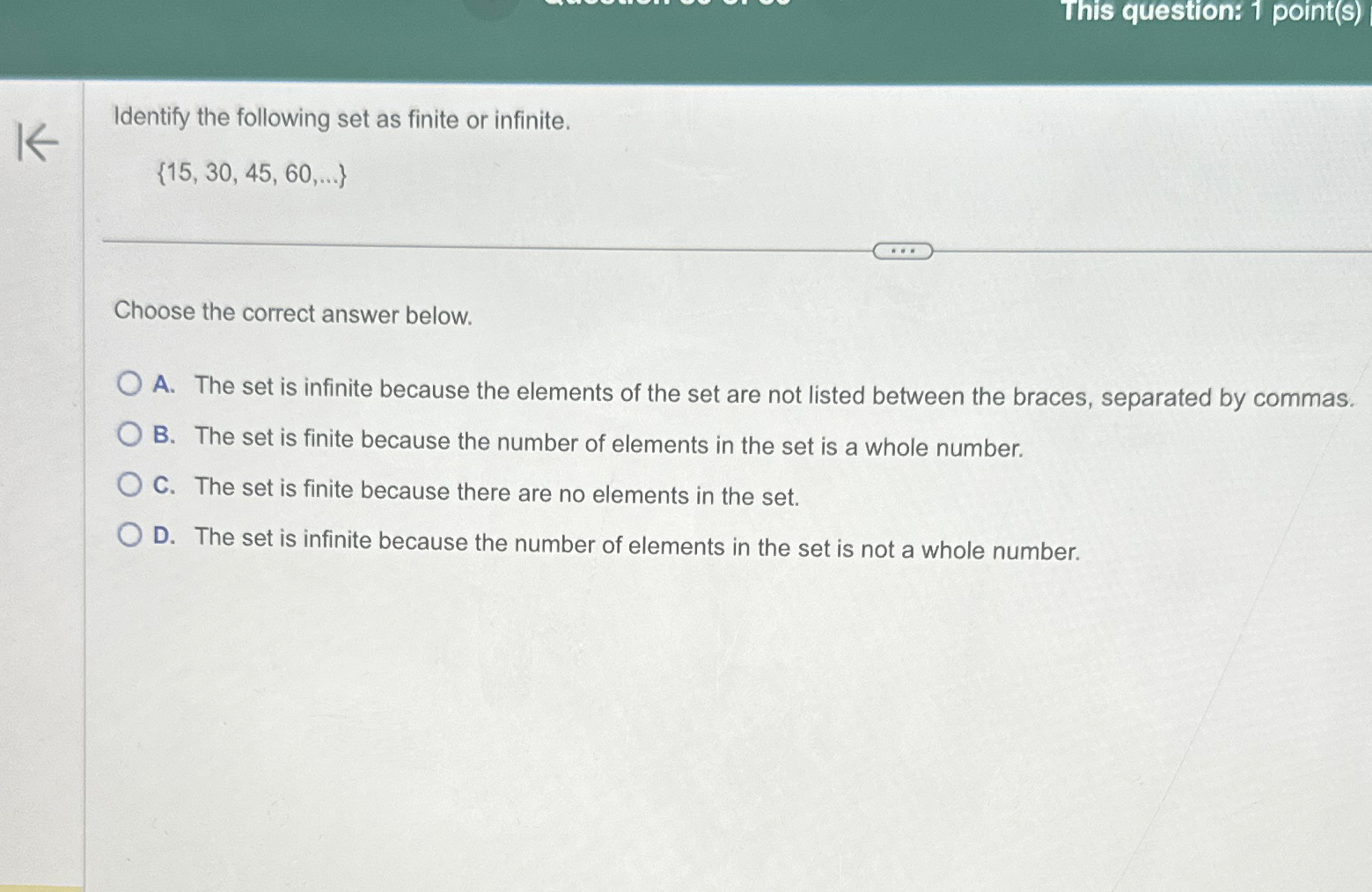 Solved Identify the following set as finite or | Chegg.com