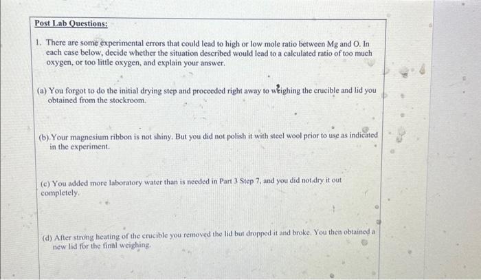Solved Post Lab Questions: 1. There are some experimental | Chegg.com