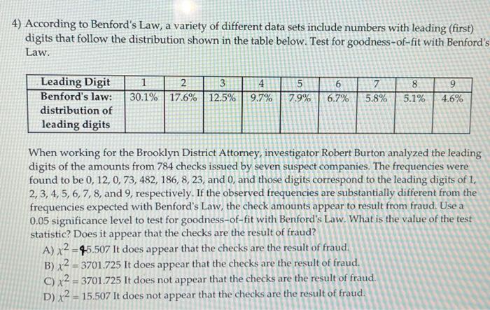 Solved 4) According to Benford's Law, a variety of different | Chegg.com