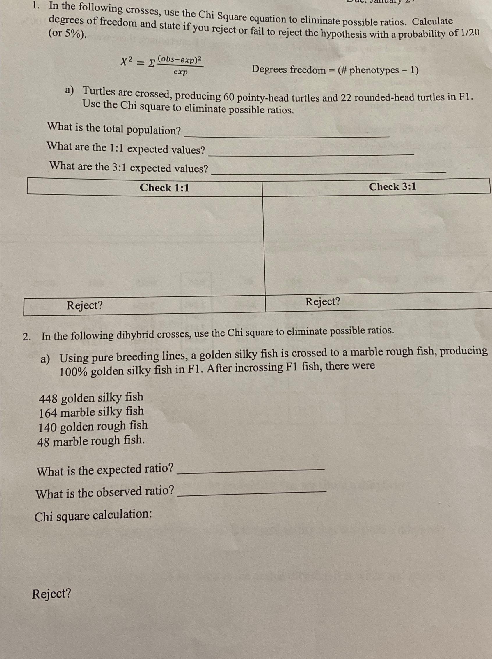 Solved 1. ﻿In the following crosses, use the Chi Square | Chegg.com
