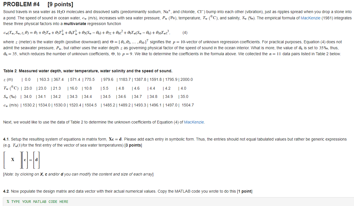 Solved PROBLEM #4 [9 ﻿points]Sound travels in sea water as | Chegg.com