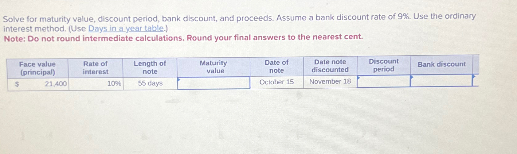 Solved Solve for maturity value, discount period, bank | Chegg.com