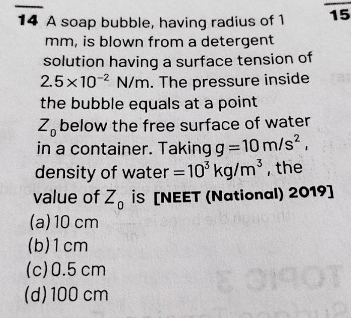 Solved 15 a 14 A soap bubble, having radius of 1 mm, is | Chegg.com
